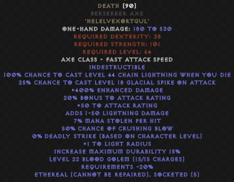 Death Berserker Axe - Ethereal - 300-369% ED - Diablo 2 store