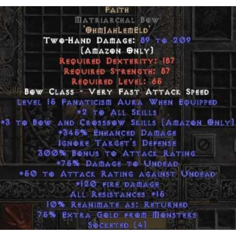 Faith Matriarchal Bow +3 Bow Skills - +2 Skills / 15 Aura - Diablo 2 store